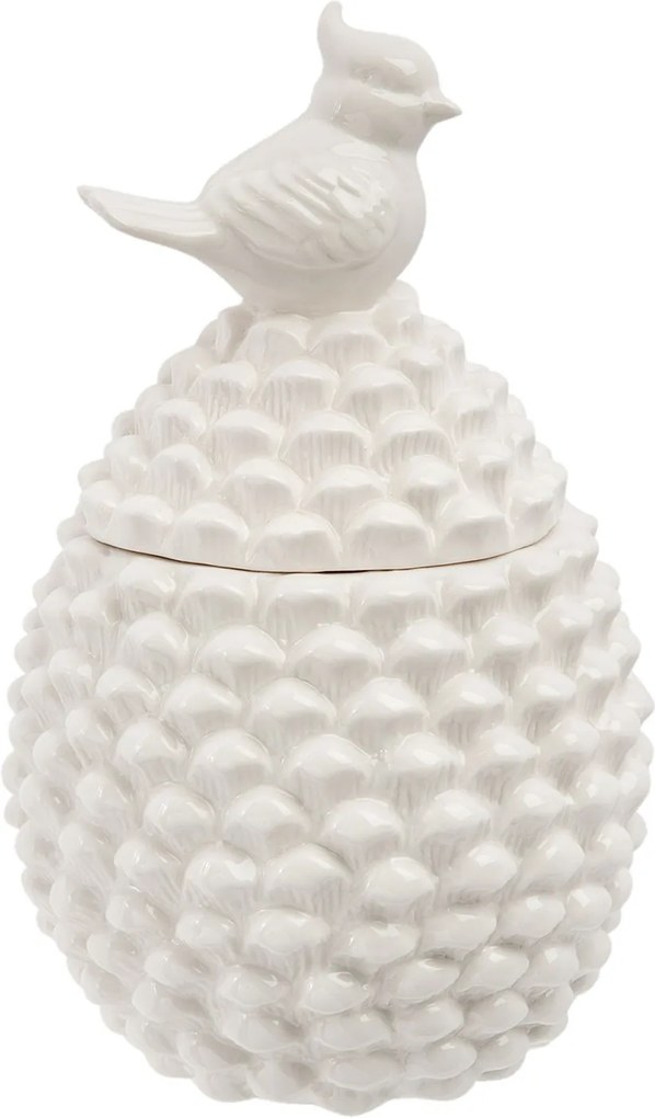 Bílá porcelánová dóza šiška s ptáčkem - Ø 11*18 cm / 0.5 L