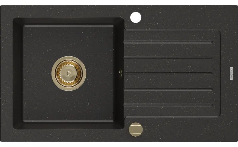 Mexen Pablo 1-miskový granitový dřez s odkapávačem 752 x 436 mm, Černá/Zlatá kovová, sifon Zlatá - 6510751010-75-G