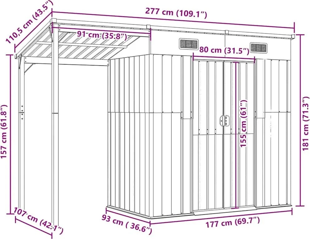 vidaXL Zahradní kůlna s prodlouženou střechou 277x107x181 cm [364524] Barva: světle šedá
