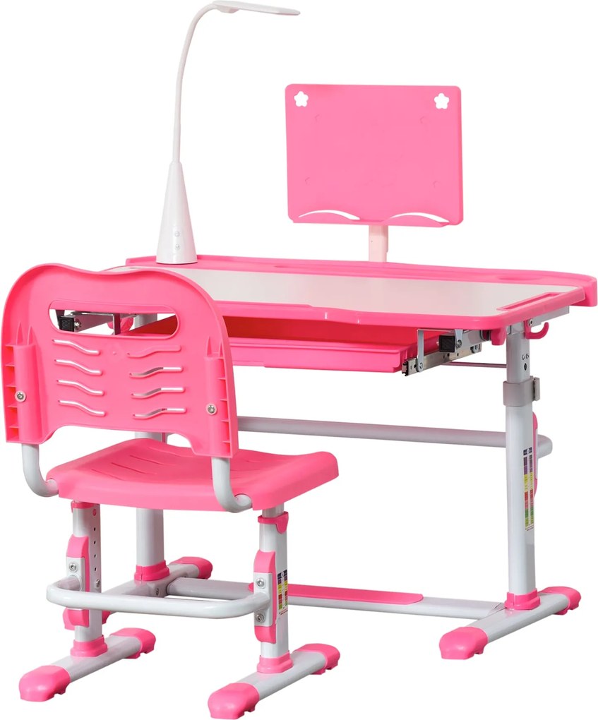 HOMCOM Dětská sada stolu a židle pro děti od 6 let - nastavitelné, sklopné, s lampou LED a držákem na tužky 80x49.5x82-104 cm a 35.5x43.5x63-73 cm Růž