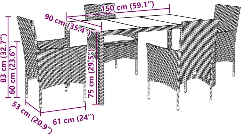 5dílný zahradní jídelní set podušky světle šedý polyratan sklo 3278575