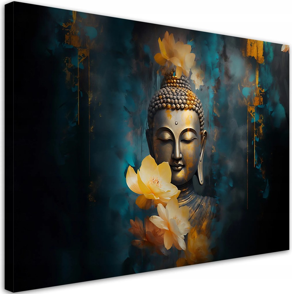 Obraz na plátně, Buddha a zlaté květiny 100x70