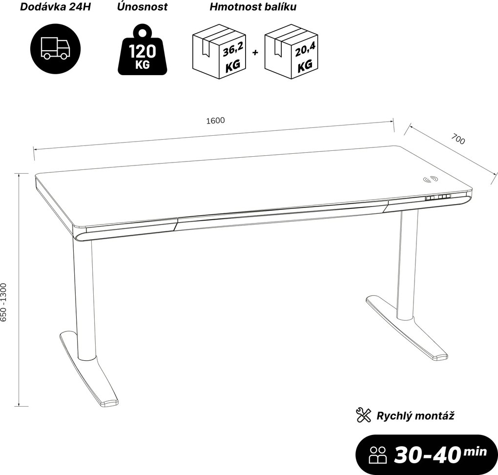 Elektrický psací stůl sit-stand se zásuvkou a bezdrátovou nabíječkou Qi černý, 1600 mm: ELLIS