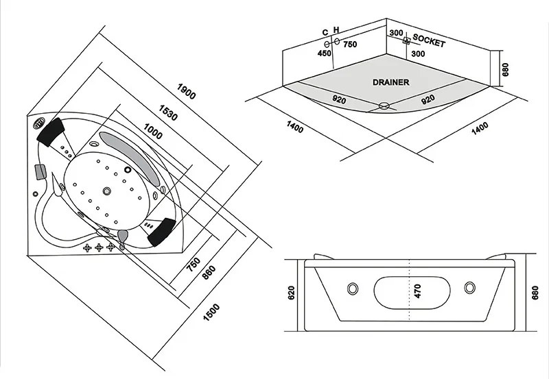 BPS-koupelny Hydromasážní vana HYD-FL601 140x140 bez ohřevu vody