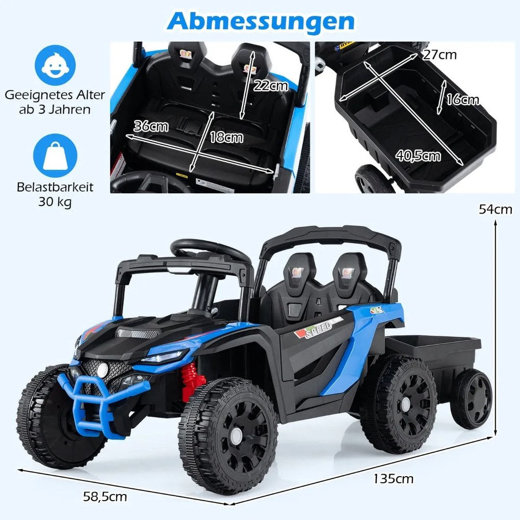 Costway 12 V Dětský traktor s odnímatelným přívěsem a rodičovským dálkovým