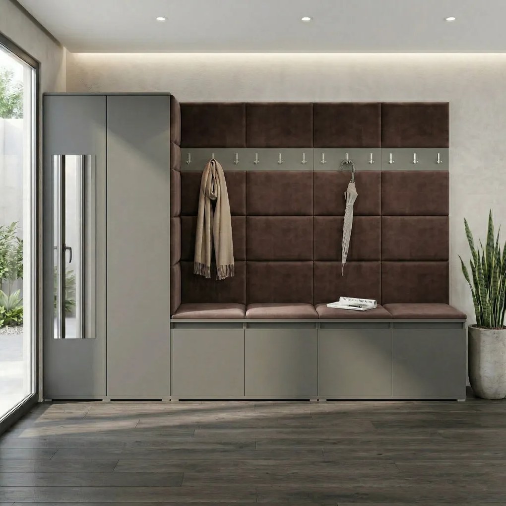 Předsíňová stěna Trinity 9 s čalouněnými panely, 290 cm, grafit/ tmavě hnědá