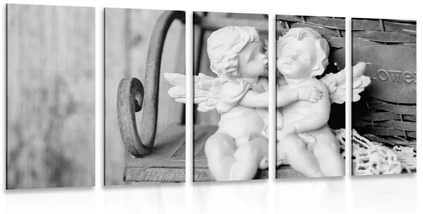 5-dílný obraz sošky andílků na lavičce v černobílém provedení