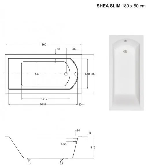 BESCO Obdélníková vana SHEA SLIM Nožičky k vaně - Bez nožiček, Rozměr vany - 180 × 80 cm VANSHEA180SLIM