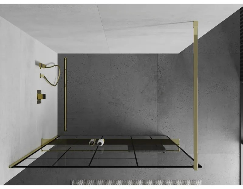 Mexen Kioto+, sprchová zástěna s poličkou a držákem na ručníky 100 x 200 cm, 8mm čiré sklo vzor černý, zlatý profil, 800-100-121-50-78
