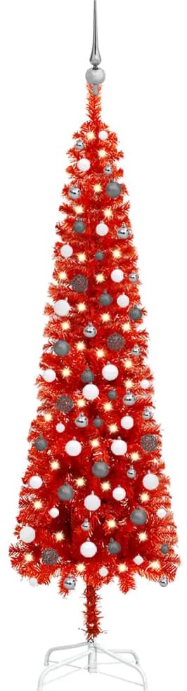 3078124 vidaXL Úzký vánoční stromek s LED diodami a sadou koulí červený 210 cm