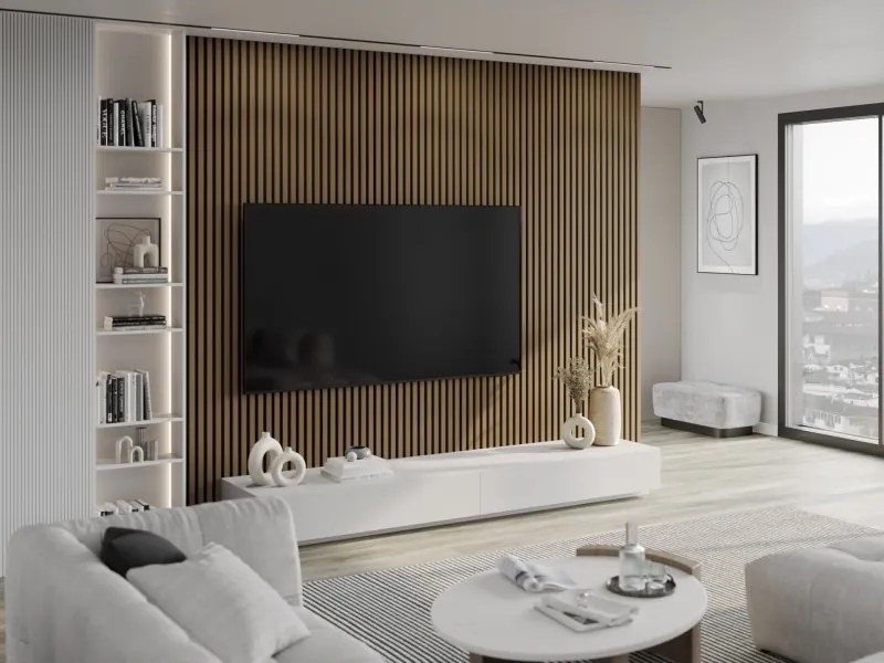 Mexen Lam-F, akustické stěnové lamely 275 × 30 cm, plstěný podklad 8 mm, technická dýha, teak zlatavý, S105-275307-3015-014