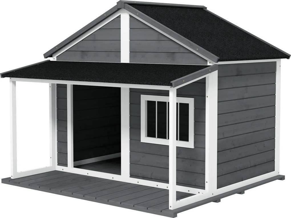 Dřevěná psí bouda PawHut s terasou a asfaltovou střechou – venkovní weatherproof úkryt pro malé zvíře, šedá, 124 x 112 x 105 cm