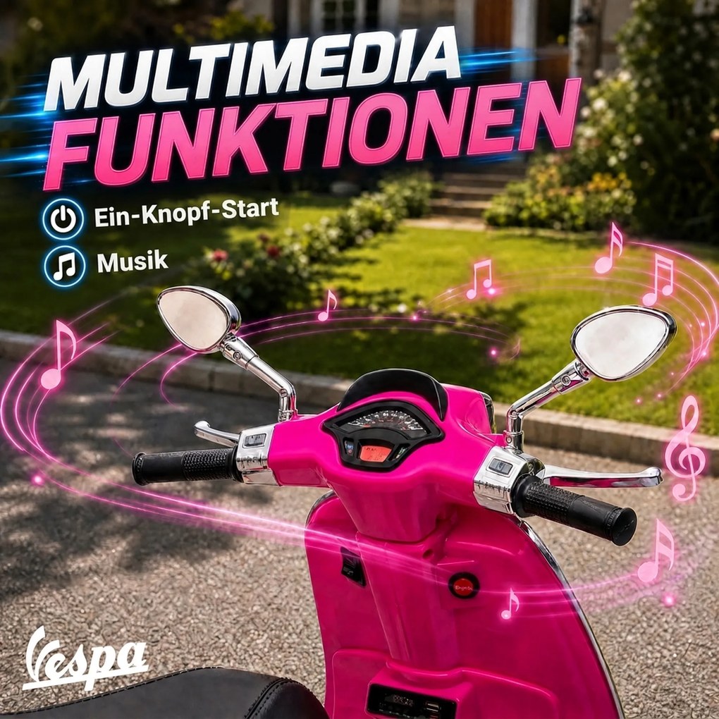 Dětská elektrická motorka AIYAPLAY pro děti od 3 let s licencí Vespa, bateriová motorka 6V s USB, MP3, LED světlem, FM rádiem, rychlostí 3 km/h a nos…