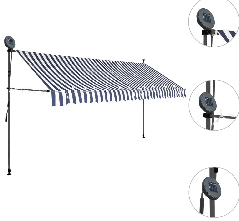 vidaXL Marketos Ručně zatahovací markýza s LED světlem 400 cm modrobílá