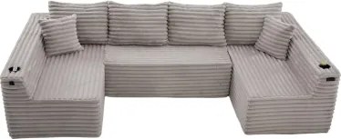 Aosom U-tvarová manšestrová pohovka, integrovaný držák nápojů a boční kapsa, polstrování s pružinovým jádrem, 320x155x88 cm, Světle šedá