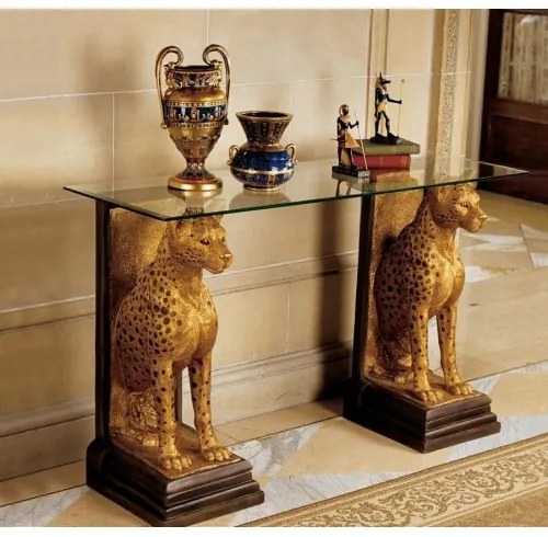 Luxusní zlatý konzolový stůl s gepardy strážci faraónů délka 140 cm