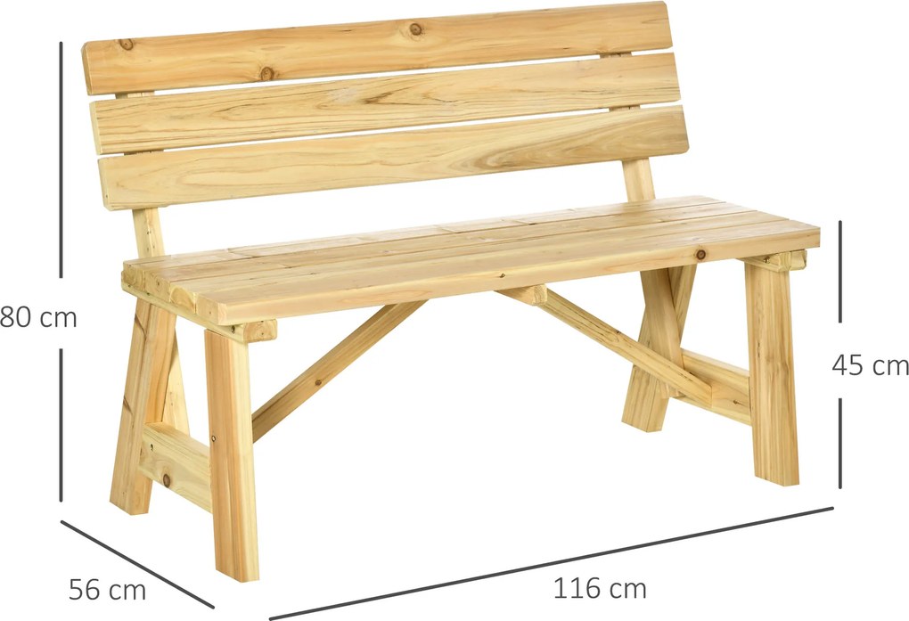 Zahradní lavice Outsunny 2místná dřevěná lavice do 220 kg, lavice na terasu s opěradlem, masivní dřevo 116 x 56 x 80 cm, robustní zahradní nábytek | …