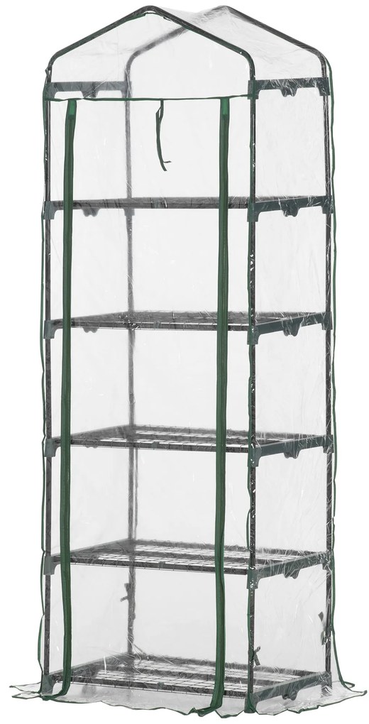 Fóliový skleník Outsunny s 5 policemi, mini skleník pro květiny a zeleninu, zelený průhledný 69x49x193cm