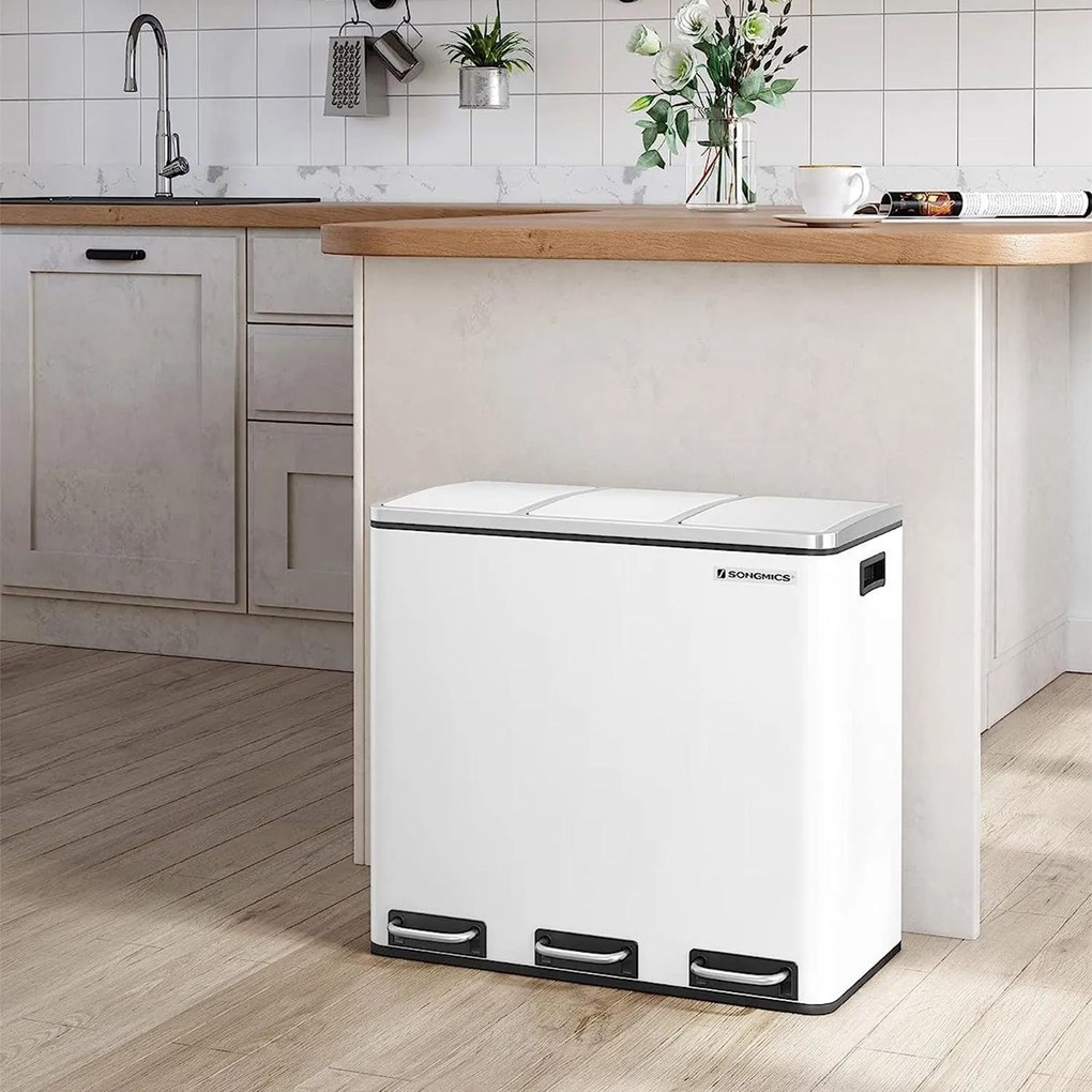 Kuchyňský pedálový odpadkový box, selektivní sběr odpadu, 3 x 18 l, bílý