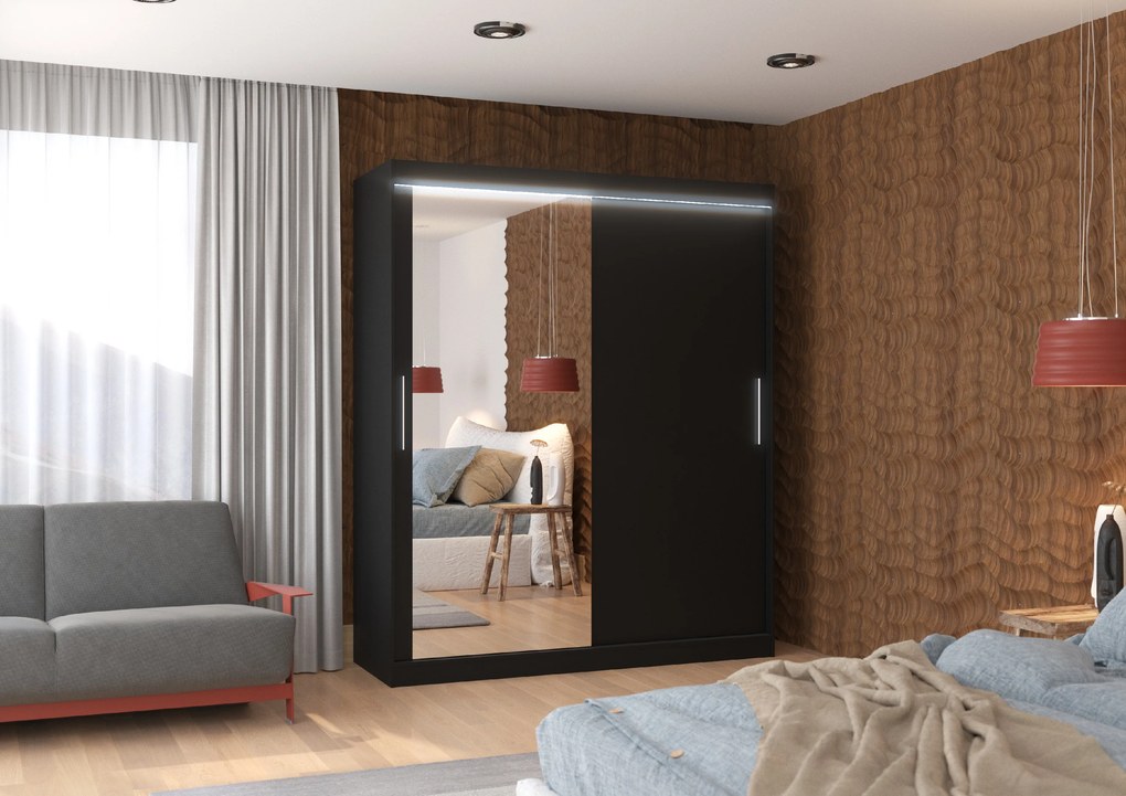 ADRK Furniture Posuvná skříň se zrcadlem a LED osvětlením TOM 180 SW-TOM-B-180+L-V278
