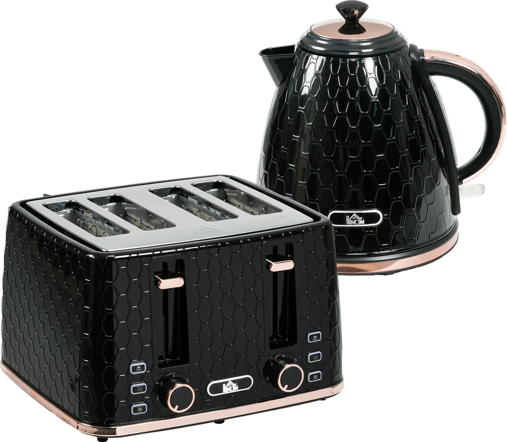HOMCOM 2v1 kuchyňská sada, toustovač a rychlovarná konvice, různé možnosti, 1,7 l, 4 krajíce toastu najednou, plast, černá