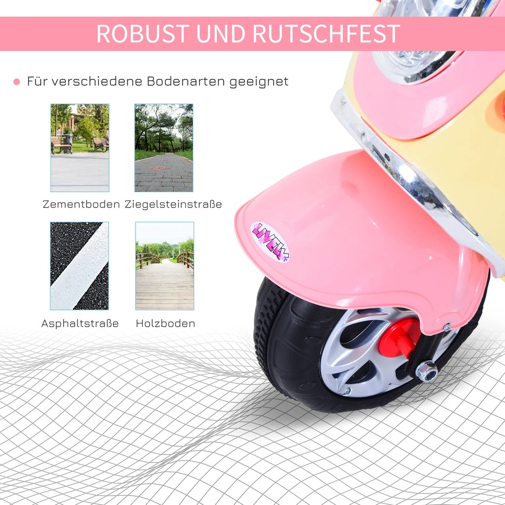 HOMCOM dětská elektrická motorka dětské elektrické auto dětské vozidlo tříkolka, 6V, kov+PP, 108x51x75cm (růžová+žlutá)
