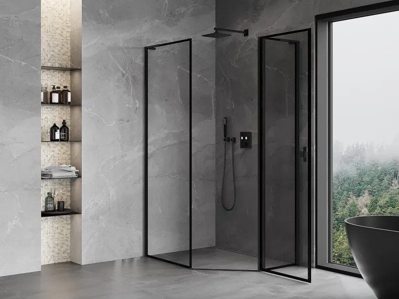 Mexen Mist L, pětiúhelníkový sprchový kout s křídlovými dveřmi, 80 x 90 cm, 8mm čiré sklo, černý profil, 8A8L-080-090-70-70-P