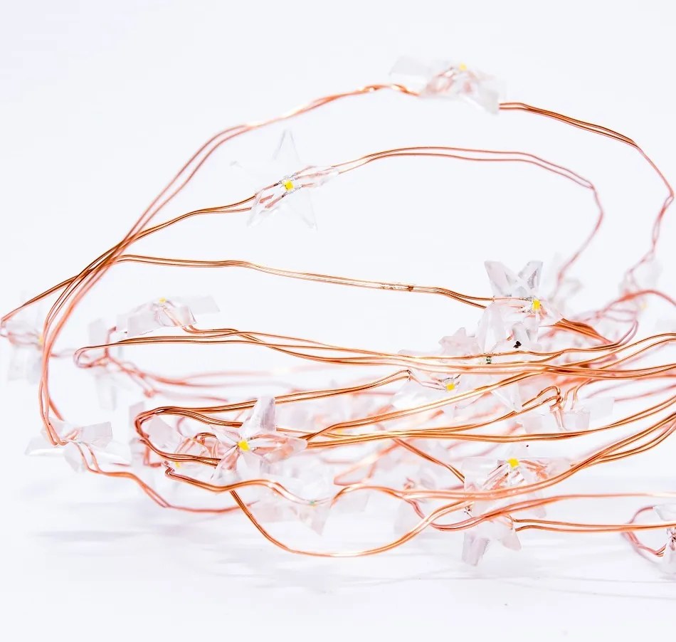 LED světýlka na baterie, hvězdičky, 3,4 m, teple bílá, 40 diod, měděná barva drátku, IP20 interiér, 3 × AA