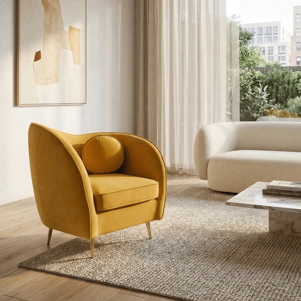Designové křeslo, žlutá Velvet látka/gold chrom zlatá, EZIO