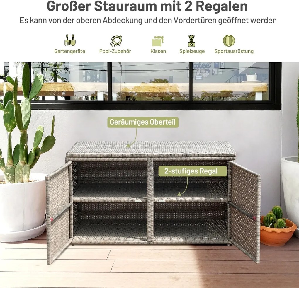 Costway Ratanový terasový box s objemem 335 l – 115 × 60 × 65 cm, šedá