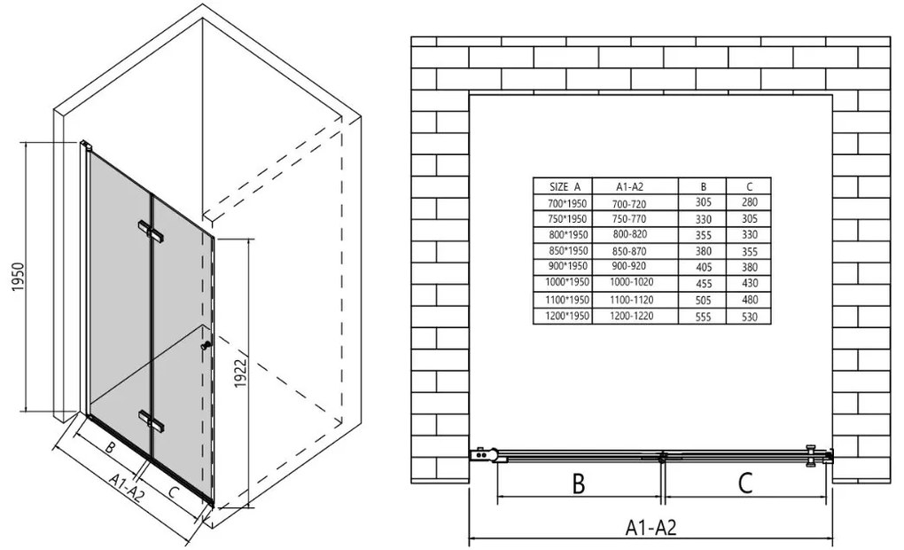 Erga Berlin, skládací sprchové dveře do otvoru 110x195 cm, 6mm čiré sklo, černý profil, ERG-V02-BERLIN-D110-BK