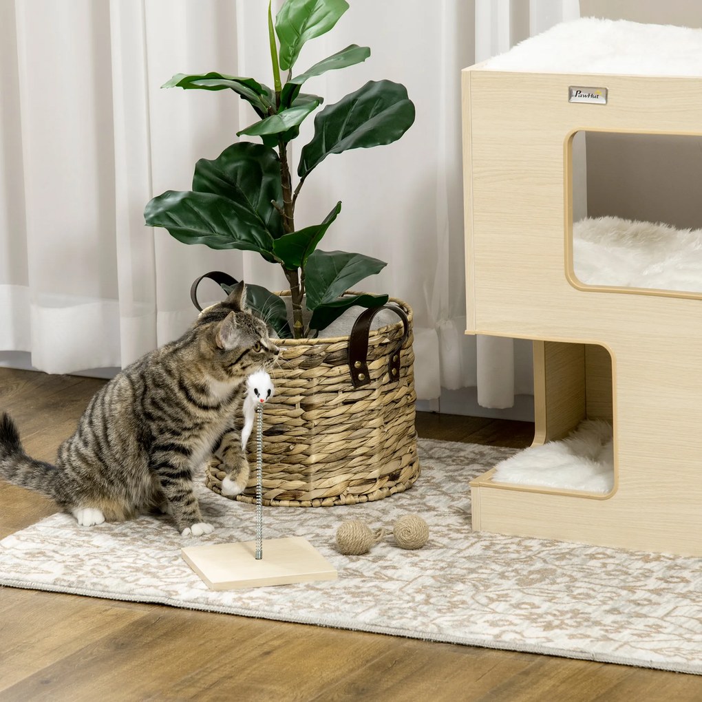 PawHut cat cave třípatrová skříňka pro kočky vnitřní domeček pro kočky s polštáři a hračkami z dubového dřeva 34x34x60 cm pro milovníky koček