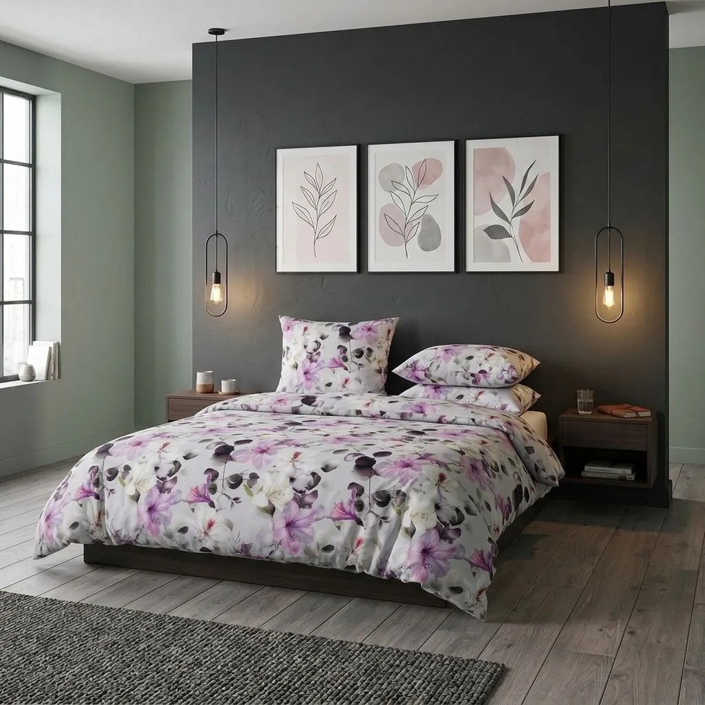Kvalitex Saténové povlečení Ibišek fialový 1x 140/200, 1x 70/90cm