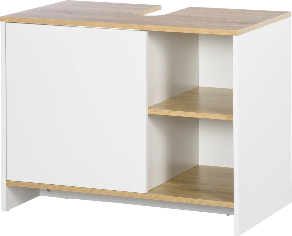 Moderní koupelnová skříňka pod umyvadlo kleankin s přihrádkami a dveřmi 77x45x60 cm Bílá a Přírodní | Aosom