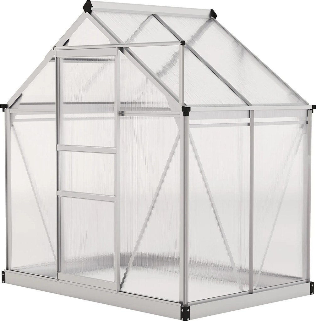 Outsunny hliníkový skleník 2,51 m² — 190 × 132 × 201 cm s pozinkovaným podstavcem, střešním větráním, posuvnými dveřmi, 4 mm UV-odolnými polykarbonát…