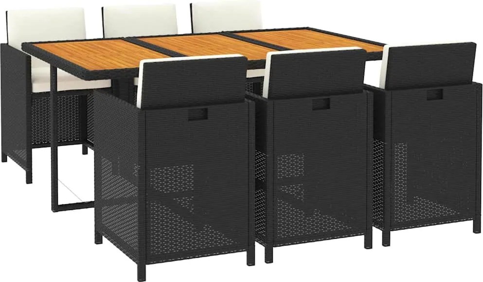 7dílný zahradní jídelní set s poduškami polyratan černý 3095545