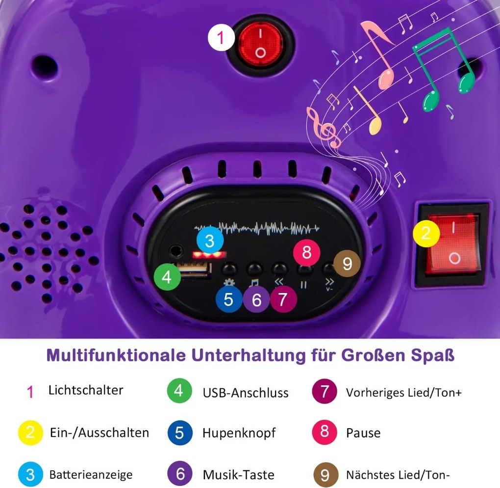 Costway Dětský nárazník 6 V otočný o 360 stupňů s hudbou a barevnými – fialová