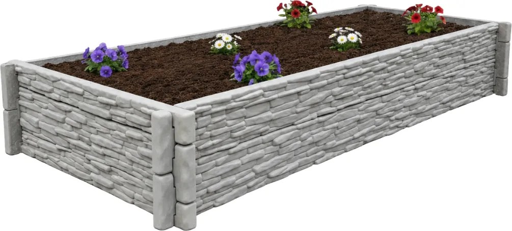 Báča Beton Betonový vyvýšený záhon - štípaný kámen 200 x 136 cm Výška záhonu: 25 cm, Barva záhonu: Přírodní šedá