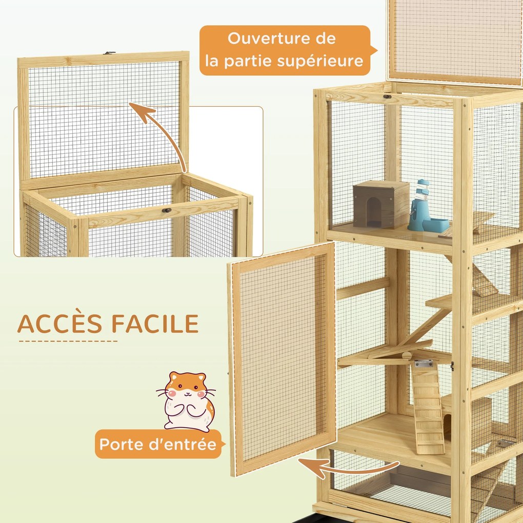 Klec pro křečka nebo myš PawHut, dřevěná pro malá zvířata, 5 úrovní s žebříkem, domeček, houpačka, odnímatelný tác, dávkovač vody, 54 x 38 x 131 cm, …