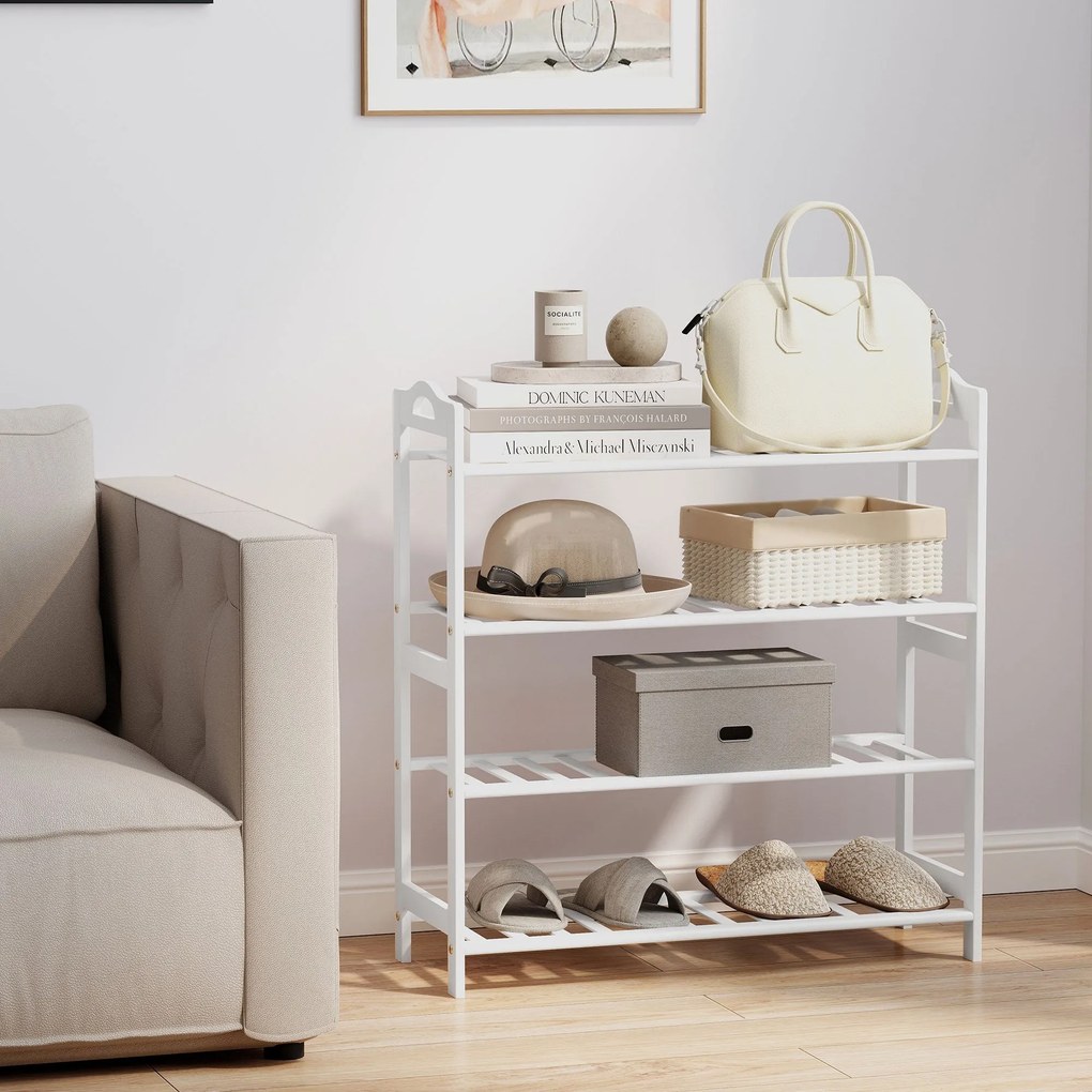 HOMCOM 4-úrovňový bambusový botník na 12 párů bot pro předsíň, chodbu, ložnici 67,5x24,7x72 cm Bílý