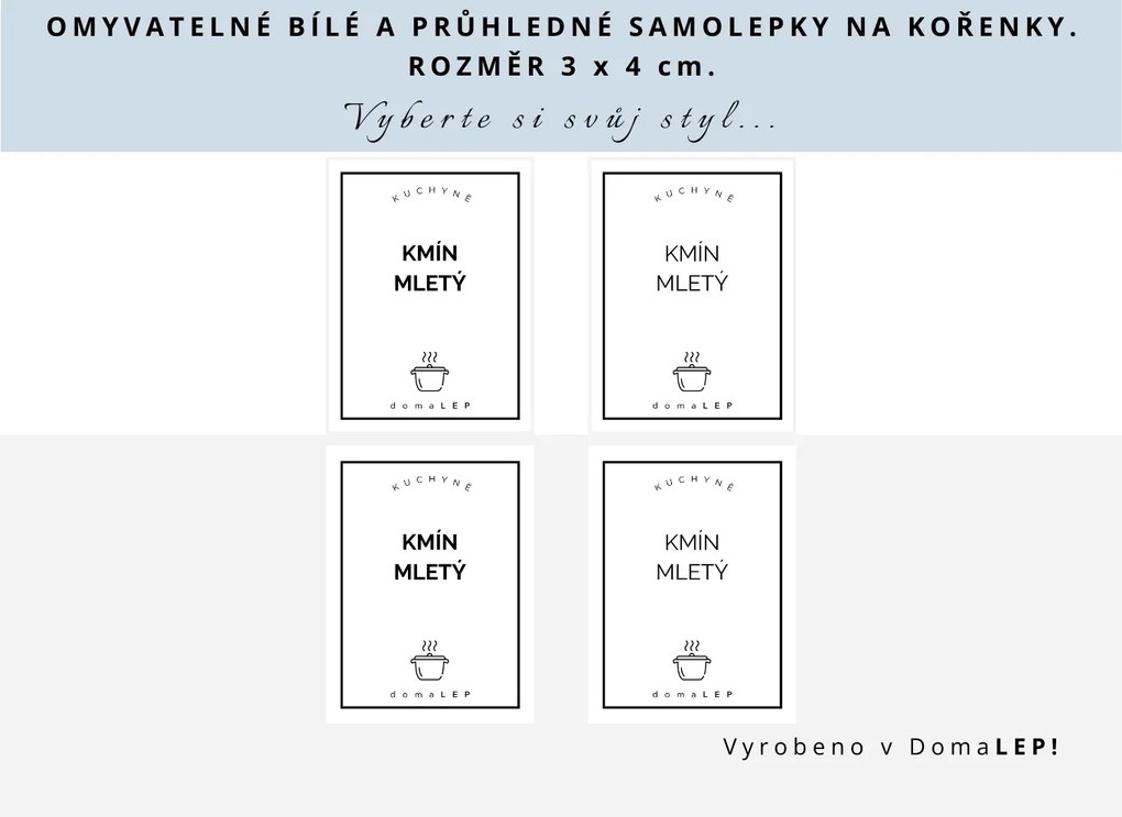 KMÍN MLETÝ - Samolepka na kořenky 3 x 4 cm - DomaLEP varianta: BÍLÁ - tučné písmo
