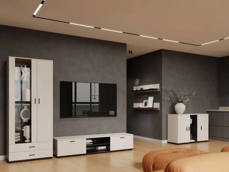 Obývací stěna Boho IX, Osvětlení: osvětlení LED RGB - barevné, Barva: kašmír / kašmír + černá