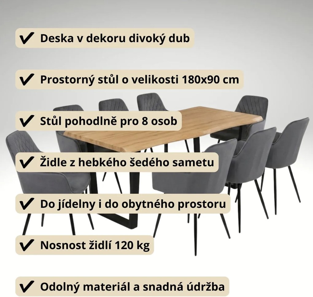 Vikio Jídelní set pro 8 osob 180x90 cm dub noha U šedá židle s područkami VJS168-8S