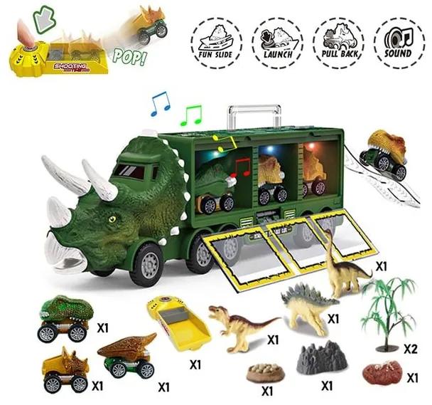 Velké přepravní dinosauří auto s menšími autíčky a příslušenstvím Varianta: zelený dinosauří přepravník s auty a příslušenstvím