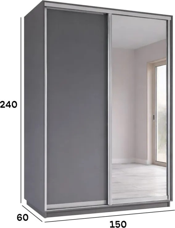 Skříň s posuvnými dveřmi 1500x2400x600 1LTD 1 Zrcadlo grafit šedý, profil stříbrný