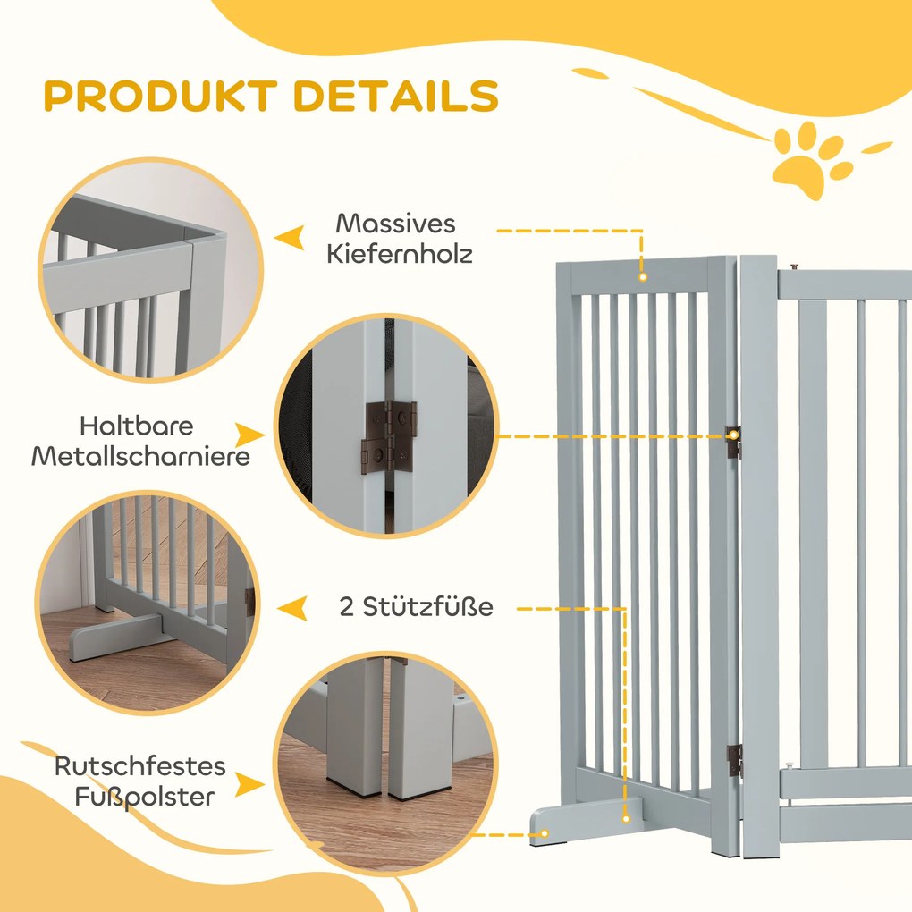 PawHut 4-dílná zábrana pro psy, 204 x 75 cm Skládací bezpečnostní branka s dvířky, volně stojící branka pro psy se 2 podpěrnými nohami, dřevěná brank…