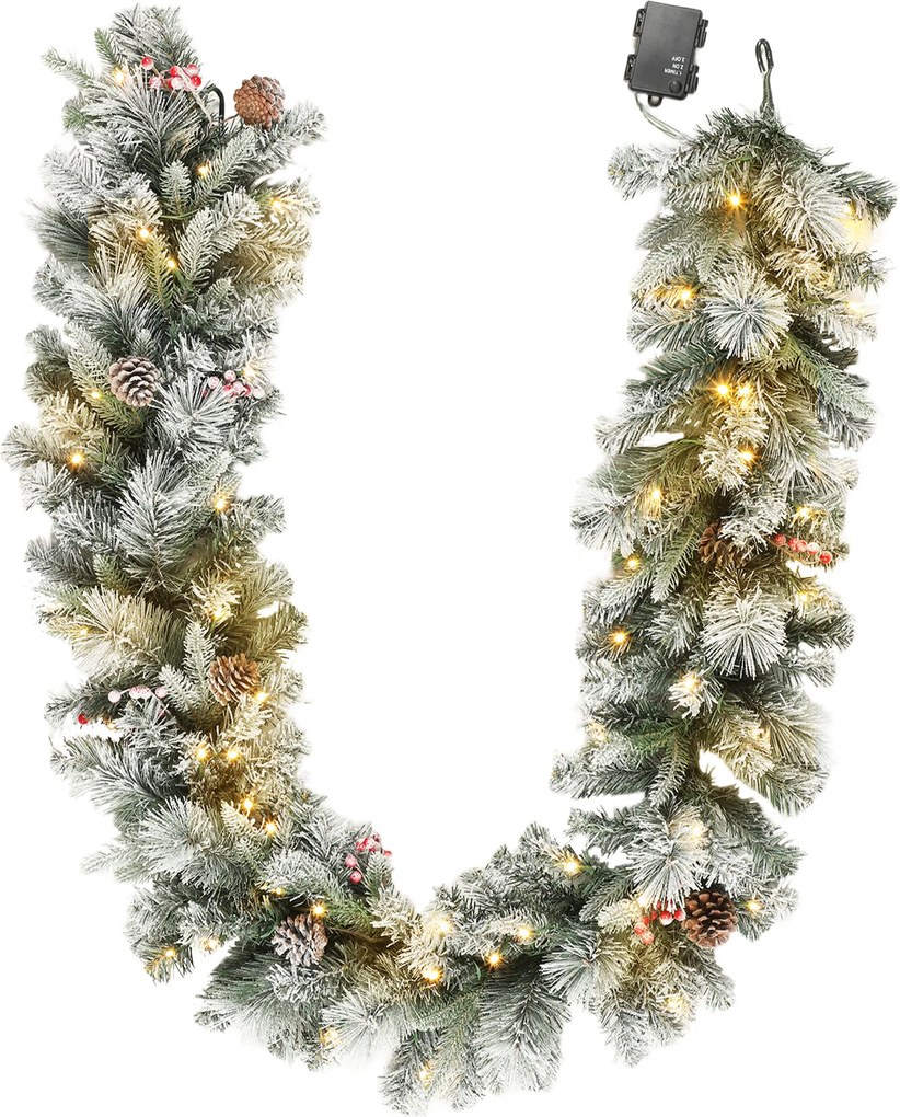 HOMCOM Vánoční girlanda s 216 větvičkami posypanými sněhem, 50 LED světýlek, Ø25x180 cm, zelená & bílá