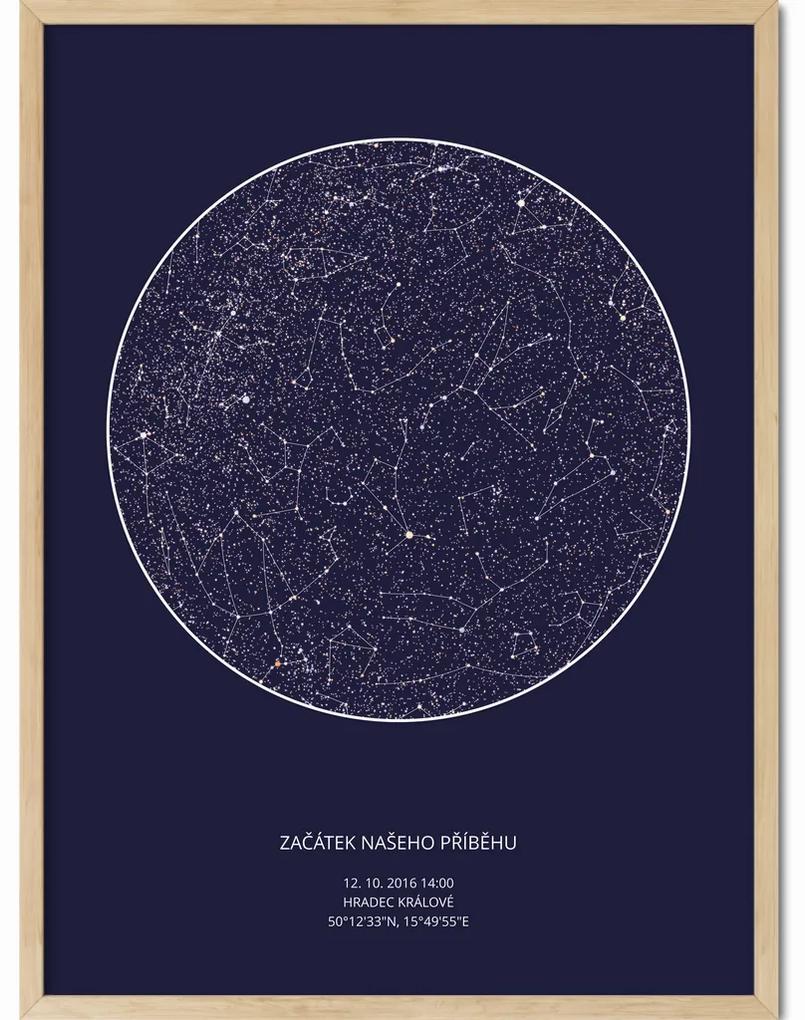 Hvězdná mapa Vašeho životního okamžiku Rozměr plakátu: 30 x 40 cm, Barva pozadí: Černá, Volba rámu: Lípa dřevěný rám