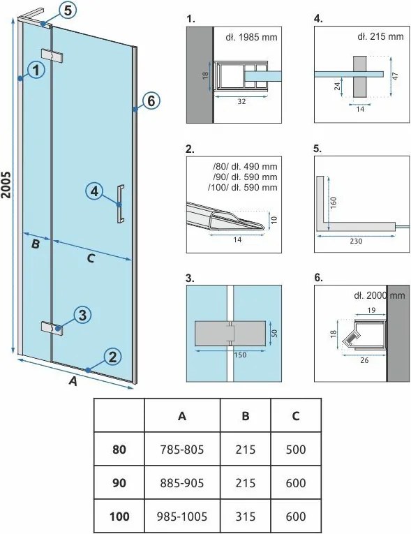 Rea Hugo, sprchové dveře 100x200 cm + boční magnetický profil, zlatá matná, KPL-45202