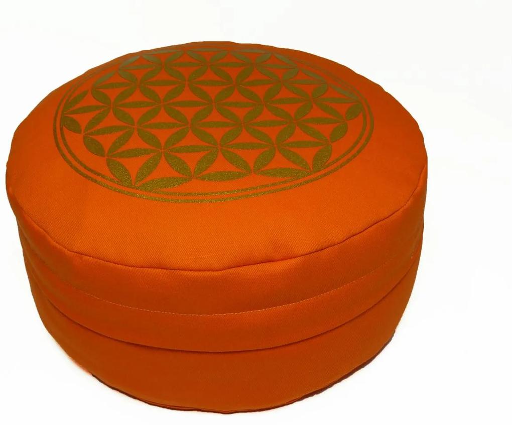 S radostí - vlastní výroba Meditační polštář se zlatým Květem života - oranžový Velikost: ∅40 x v12 cm